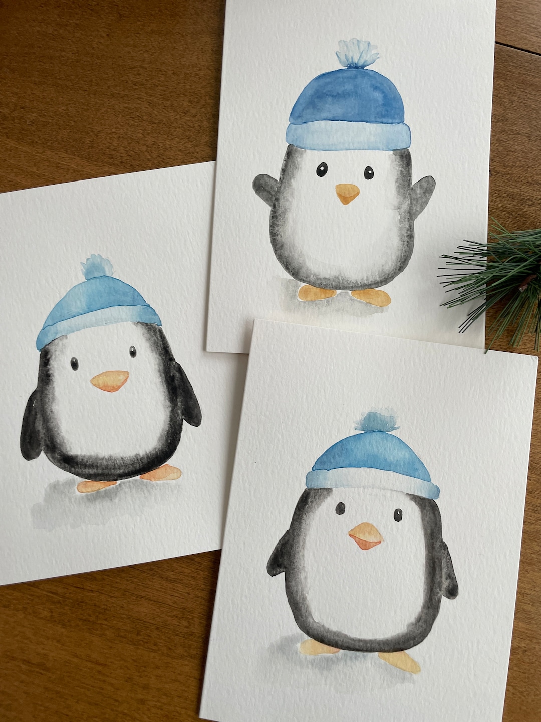 Adorable Winter Penguin Watercolor Card - 5x7 Blank, Hand Painted ...