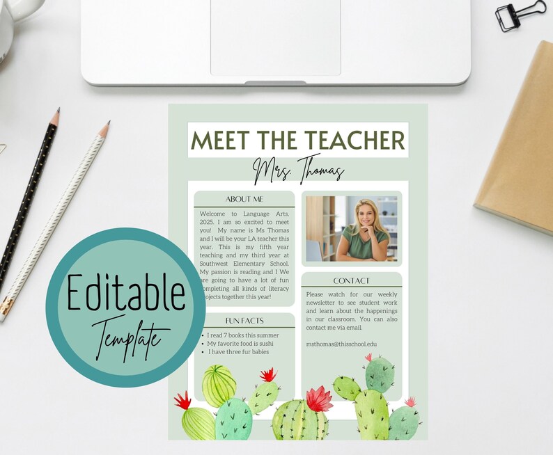 Watercolor Cactus Theme "meet the Teacher" Template | Customize ...