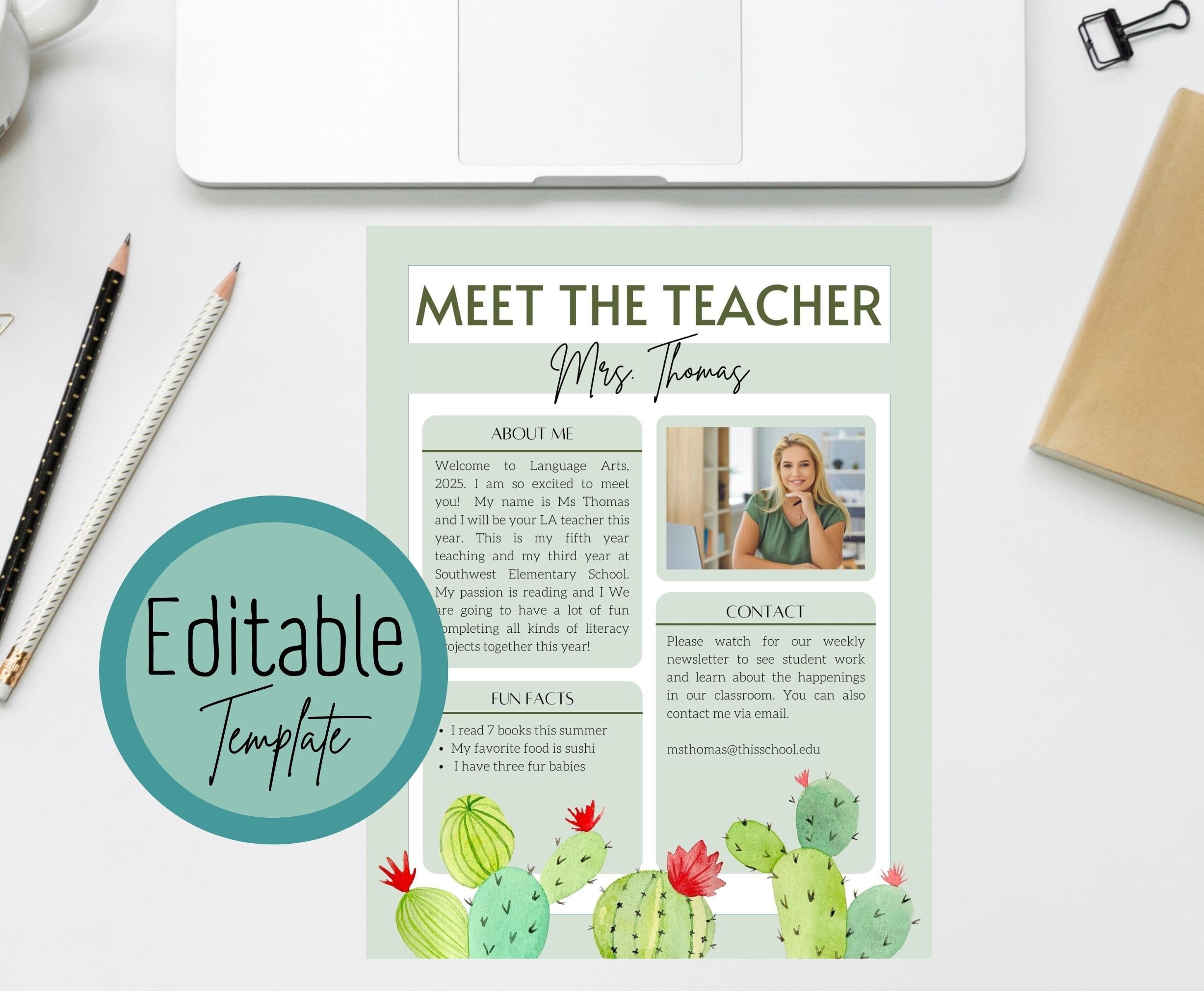 Watercolor Cactus Theme "meet the Teacher" Template | Customize ...