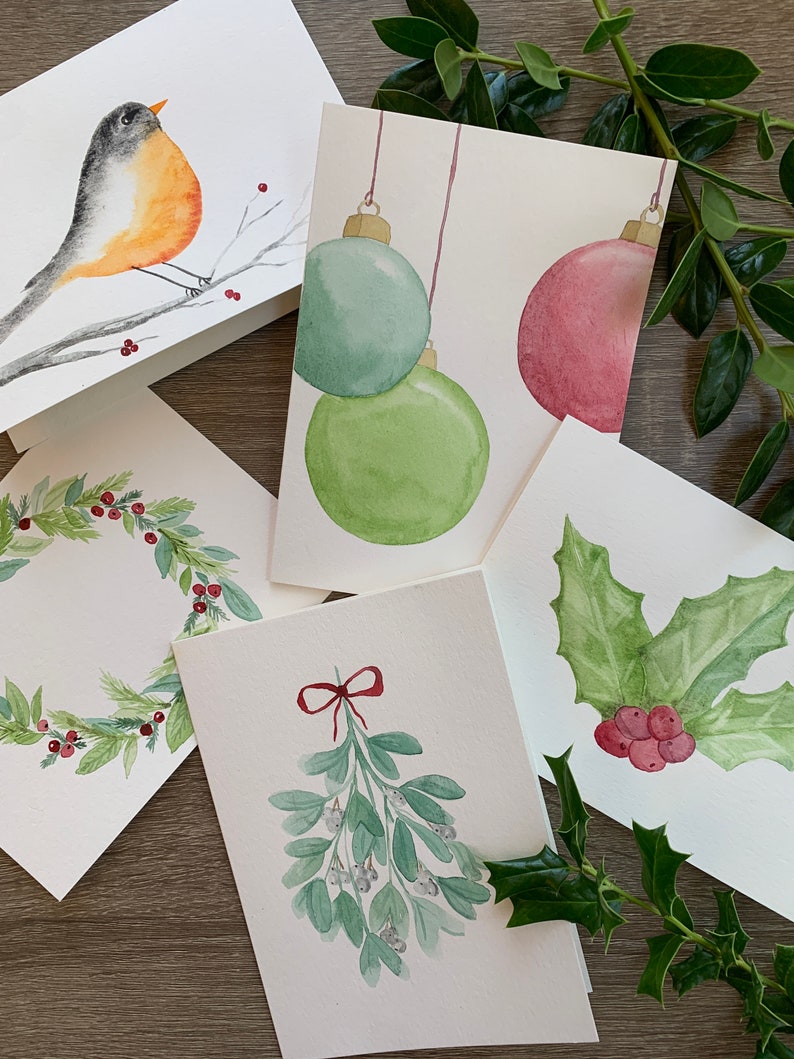 Set of 5 Hand Painted Christmas Cards Watercolor Holiday Card Set ...