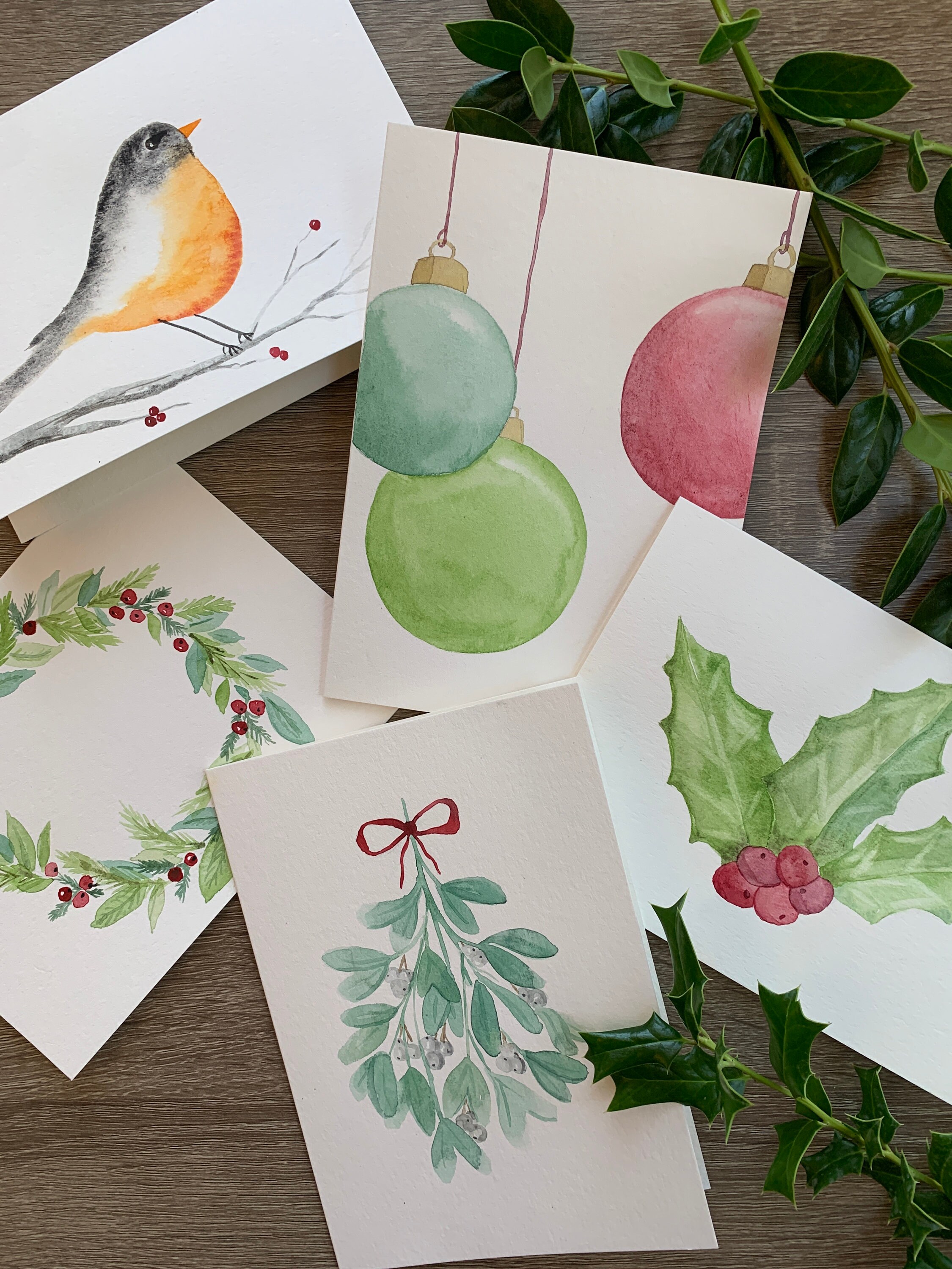 Set of 5 Hand Painted Christmas Cards Watercolor Holiday Card Set ...