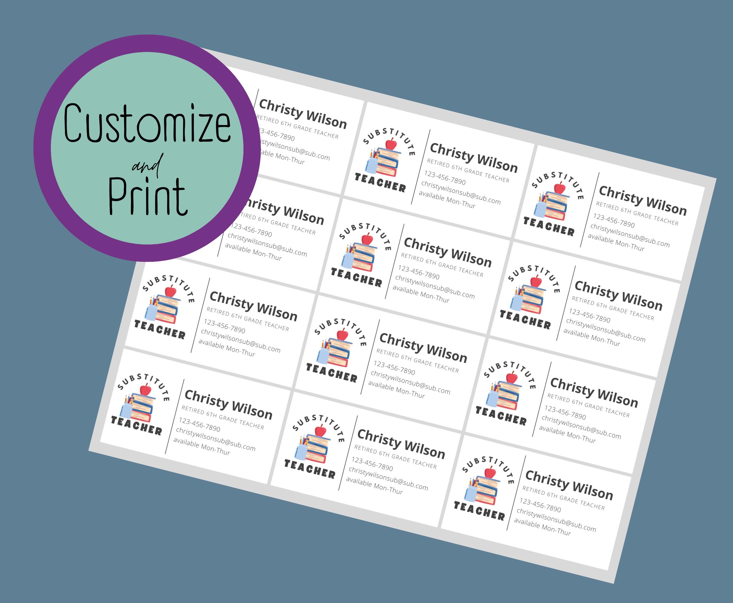 Customizable Substitute Teacher Business Card Template (printable PDF ...