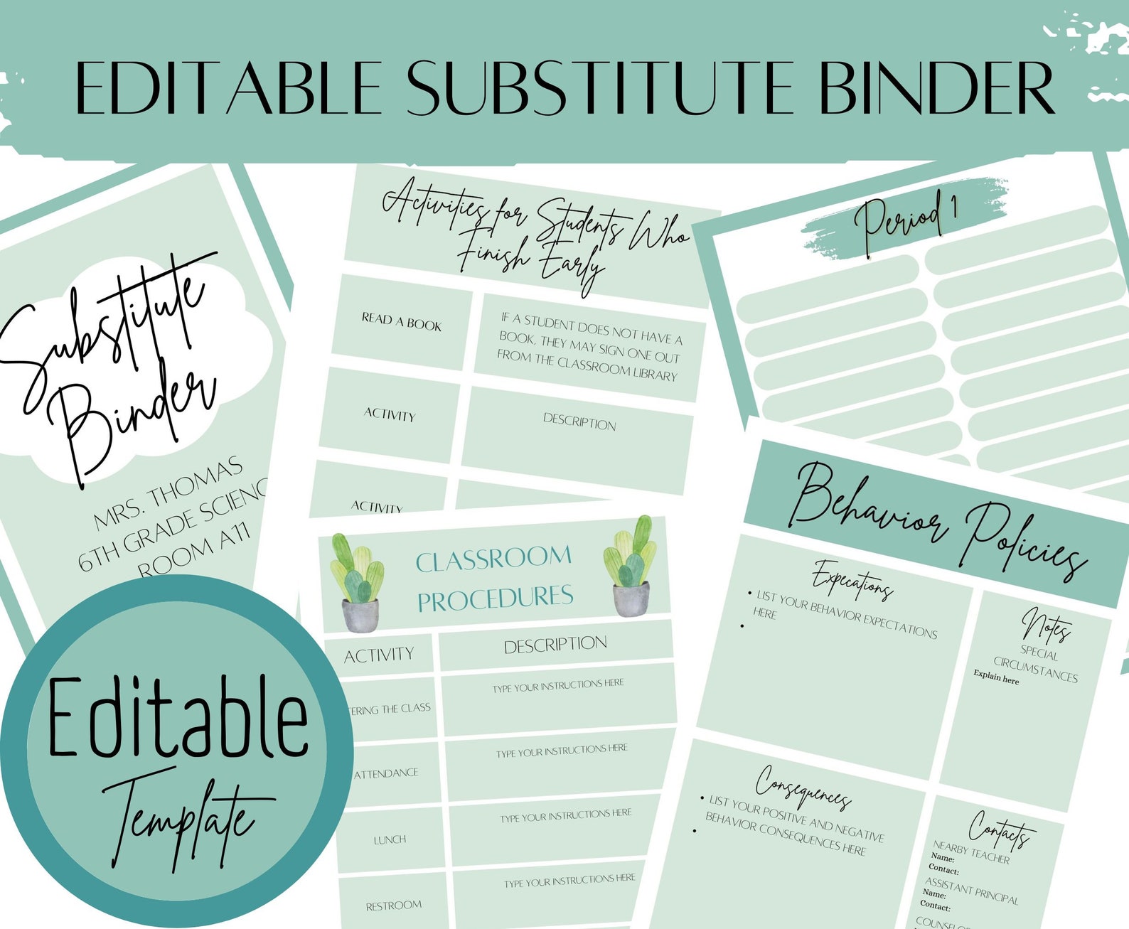 Editable Substitute Binder Template: Cactus Classroom Planner (canva ...