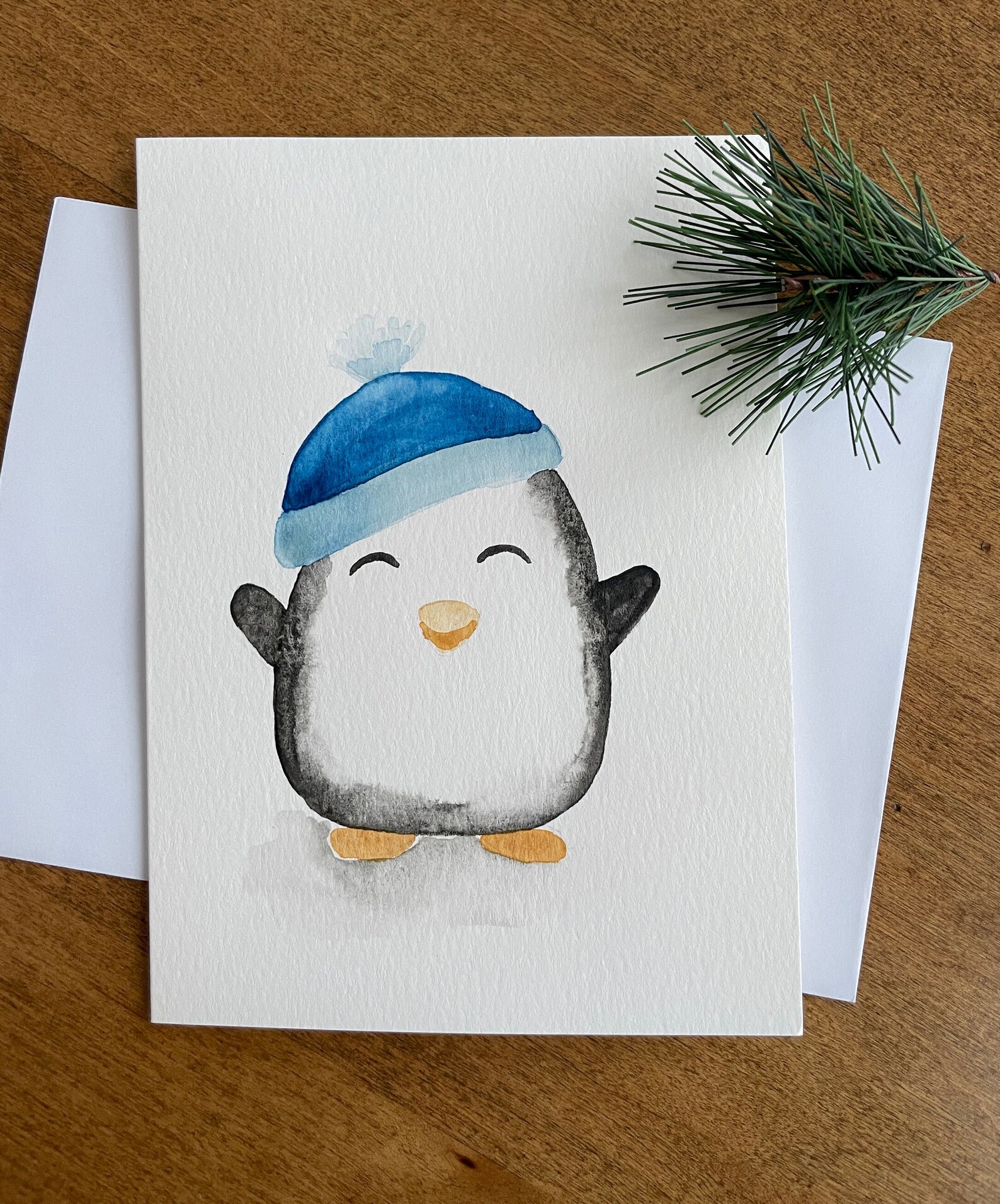 Adorable Winter Penguin Watercolor Card 5x7 Blank, Hand Painted Holiday ...