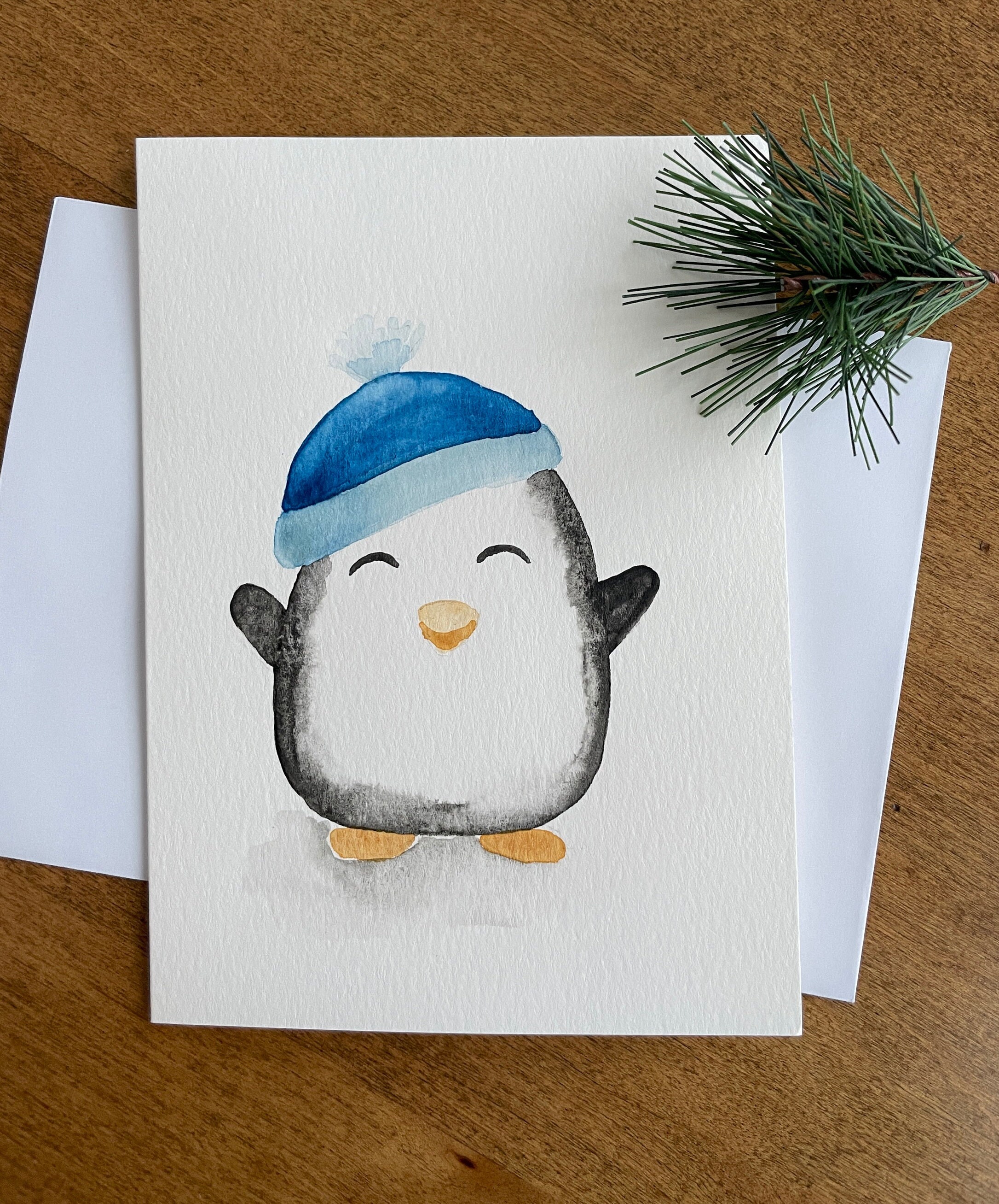 Adorable Winter Penguin Watercolor Card 5x7 Blank, Hand Painted Holiday ...