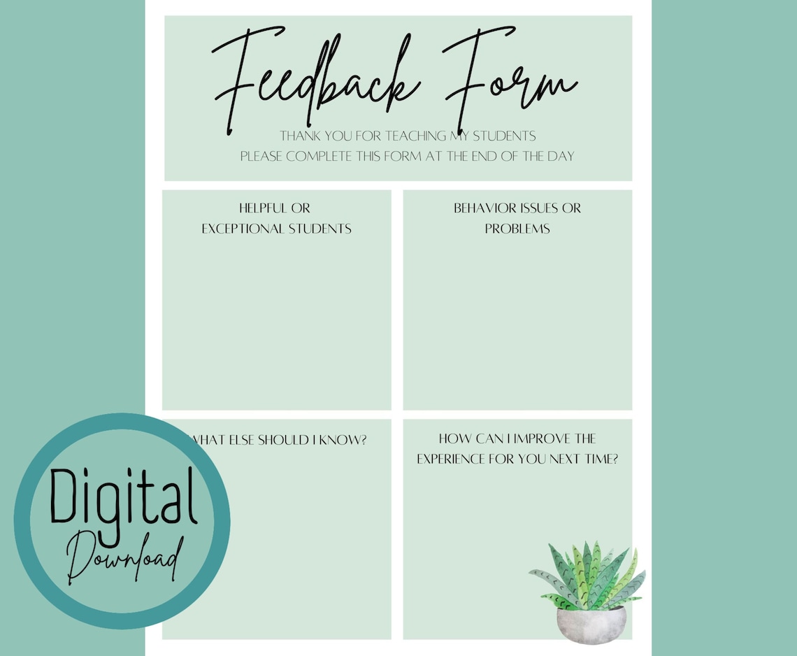 Printable Substitute Feedback Form | Cactus Themed Sub Communication ...