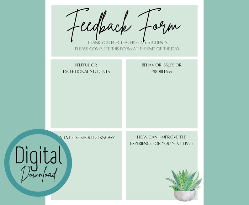 Printable Substitute Feedback Form | Cactus Themed Sub Communication ...