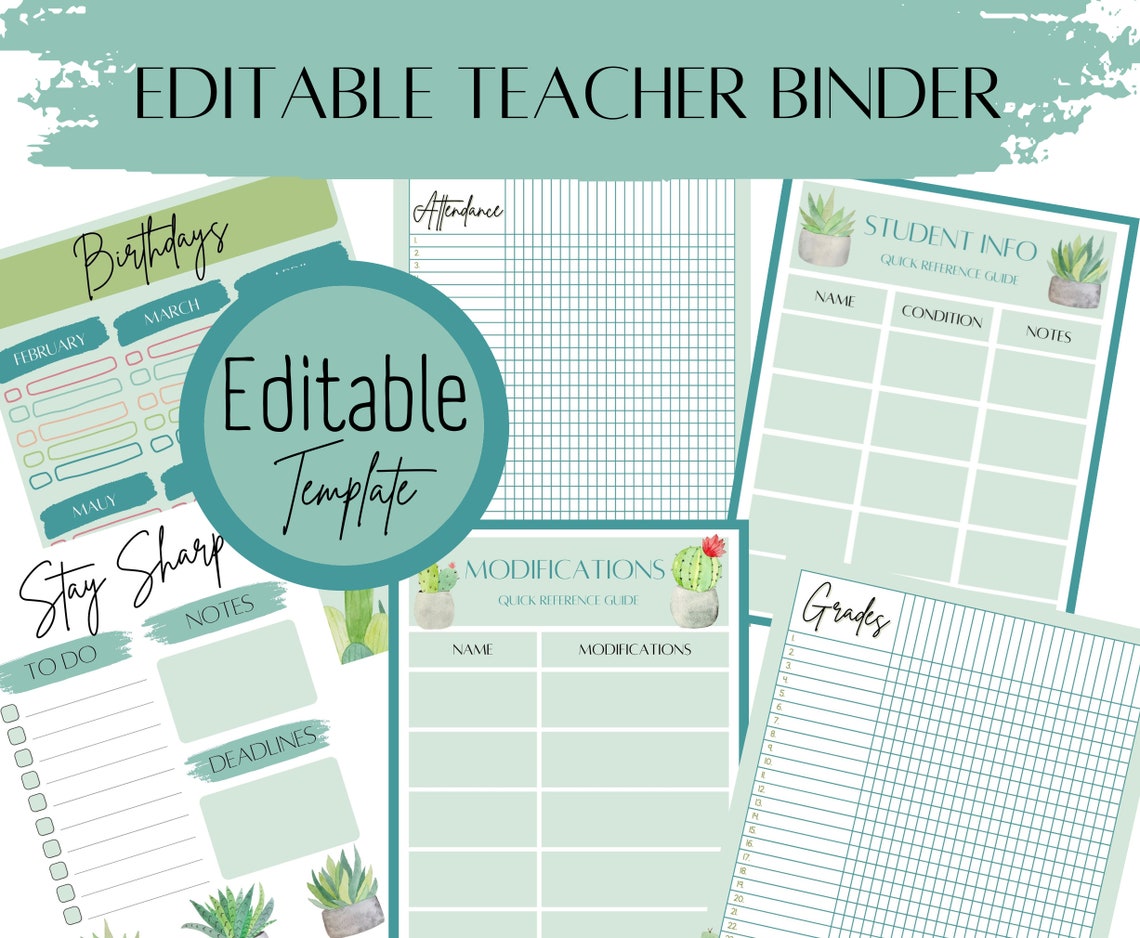 Editable Teacher Planner Bundle Watercolor Cactus Teacher - Etsy