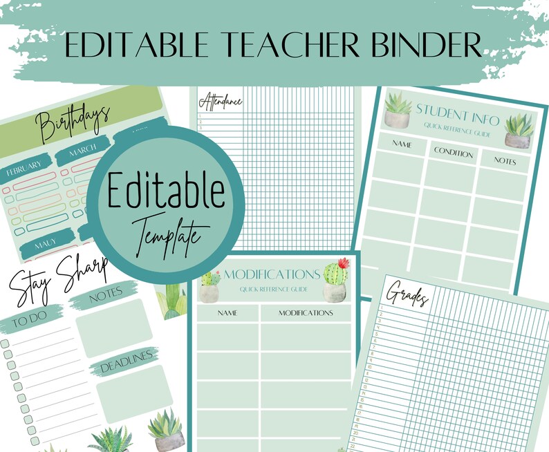 Editable Teacher Planner Bundle Watercolor Cactus Teacher - Etsy