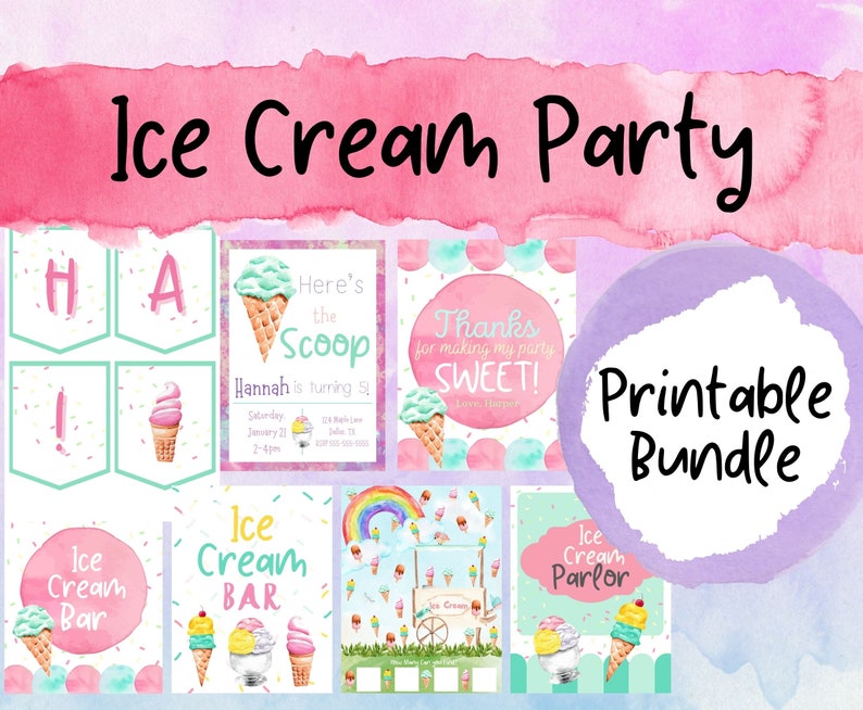 Ice Cream Party Printable Bundle: Invitations, Banner, Signs (PDF) - Etsy