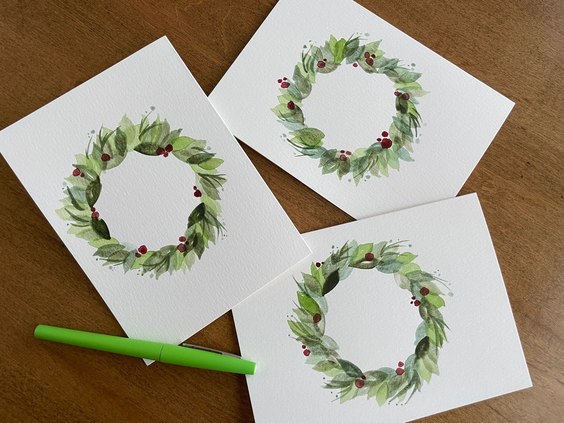 Hand Painted Watercolor Holiday Wreath Greeting Card Made to Order ...