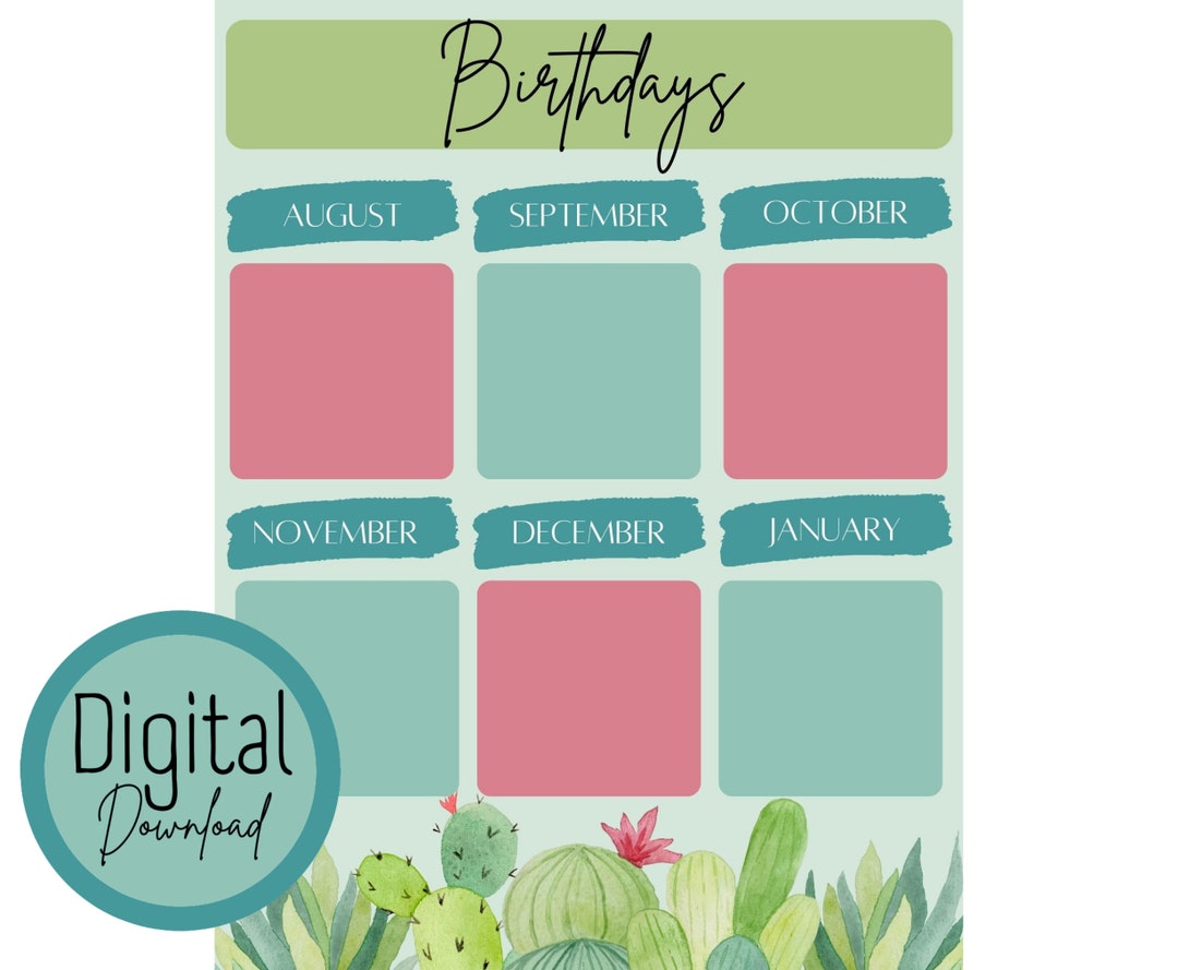 Cactus Birthday List: Printable Teacher Binder, Classroom Decor (PDF ...