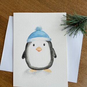 Adorable Winter Penguin Watercolor Card - 5x7 Blank, Hand Painted ...