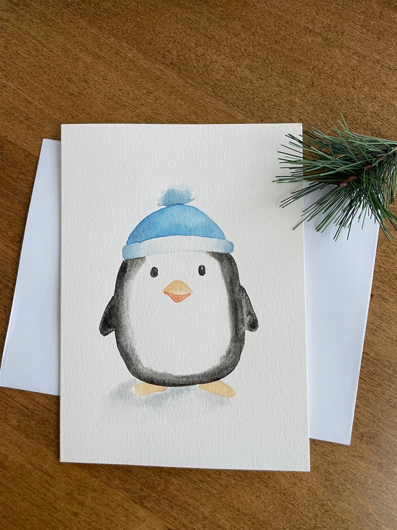 Adorable Winter Penguin Watercolor Card - 5x7 Blank, Hand Painted ...