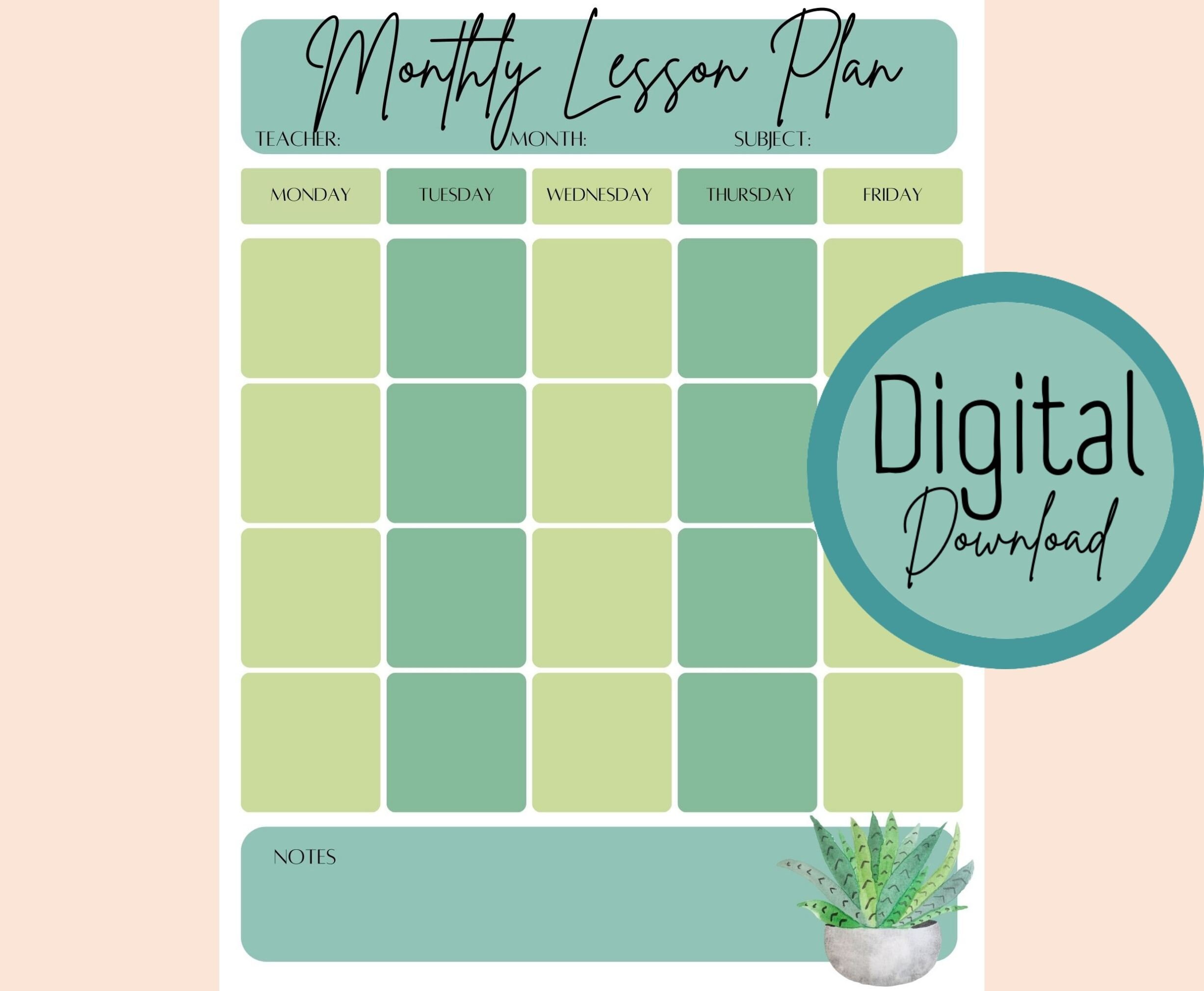 Printable Weekly Lesson Plan Template | Instant Download Monthly ...