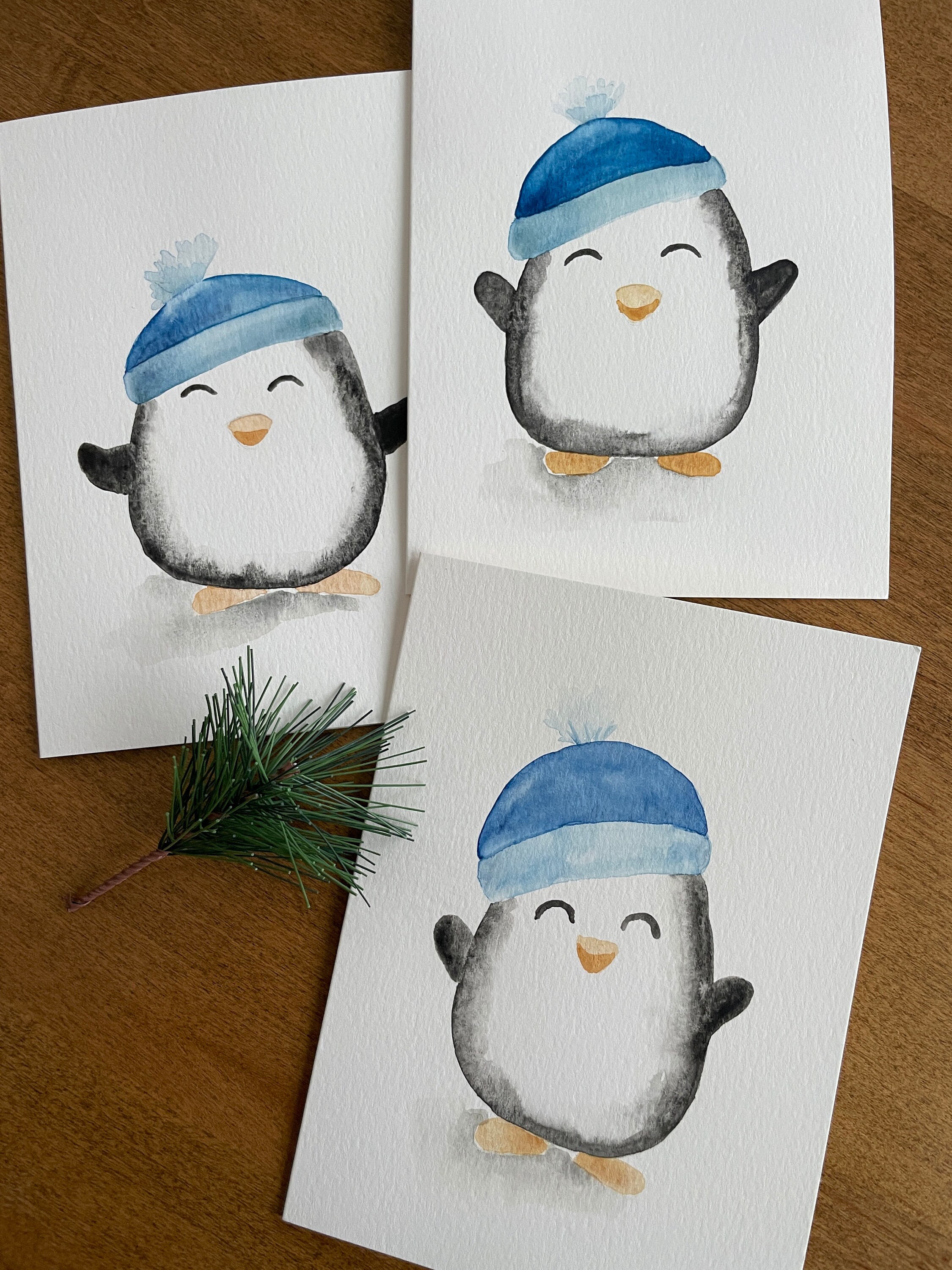 Adorable Winter Penguin Watercolor Card 5x7 Blank, Hand Painted Holiday ...