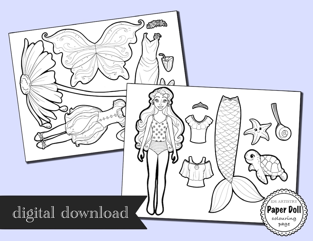 Paper Doll Pdf - Fairy Drawing - Mermaid Dress - Colouring Sheets ...
