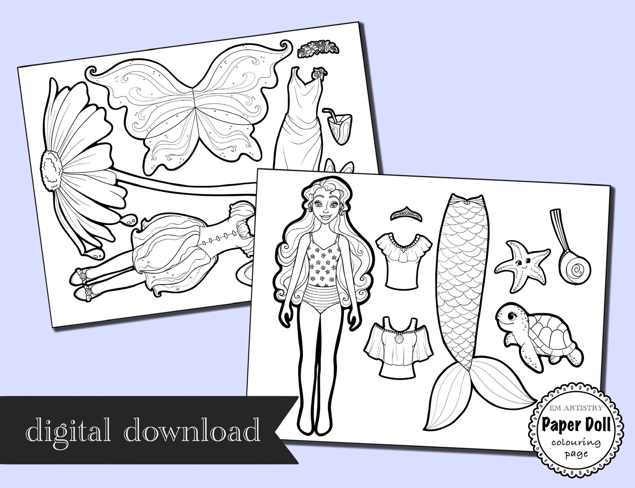 Paper Doll Pdf - Fairy Drawing - Mermaid Dress - Colouring Sheets ...