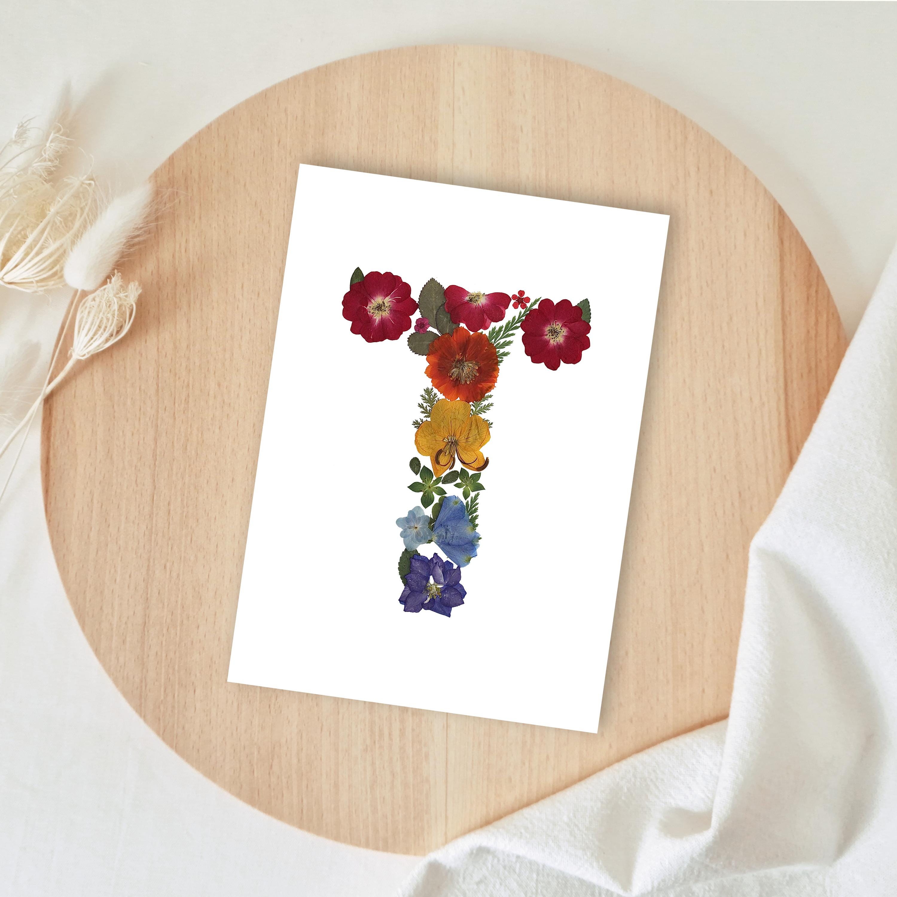 Rainbow Letter T Pressed Flower Art Print - Monogram Botanical Wall ...