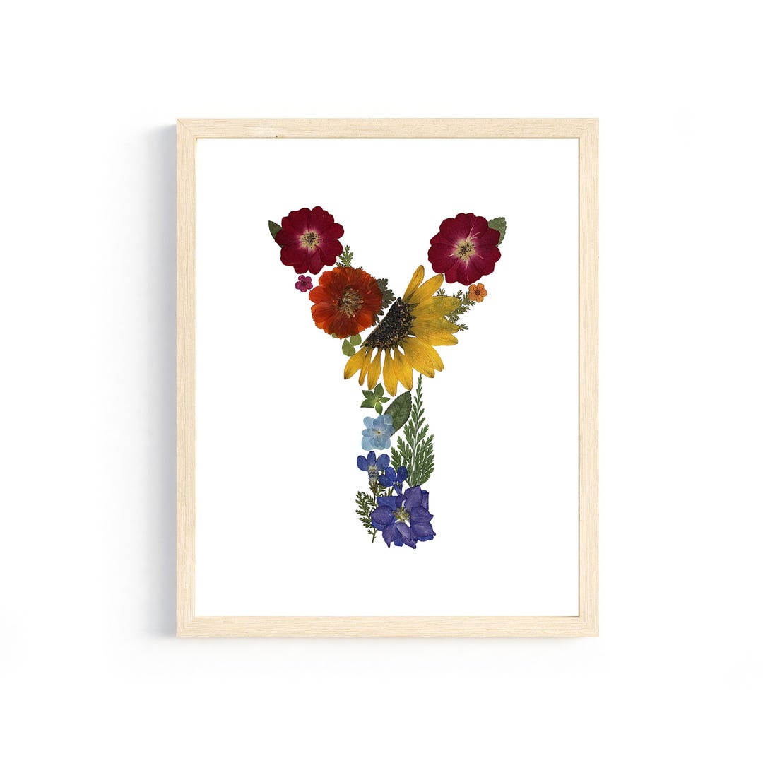 Rainbow Letter Y Pressed Flower Art Print - Monogram Botanical Wall ...