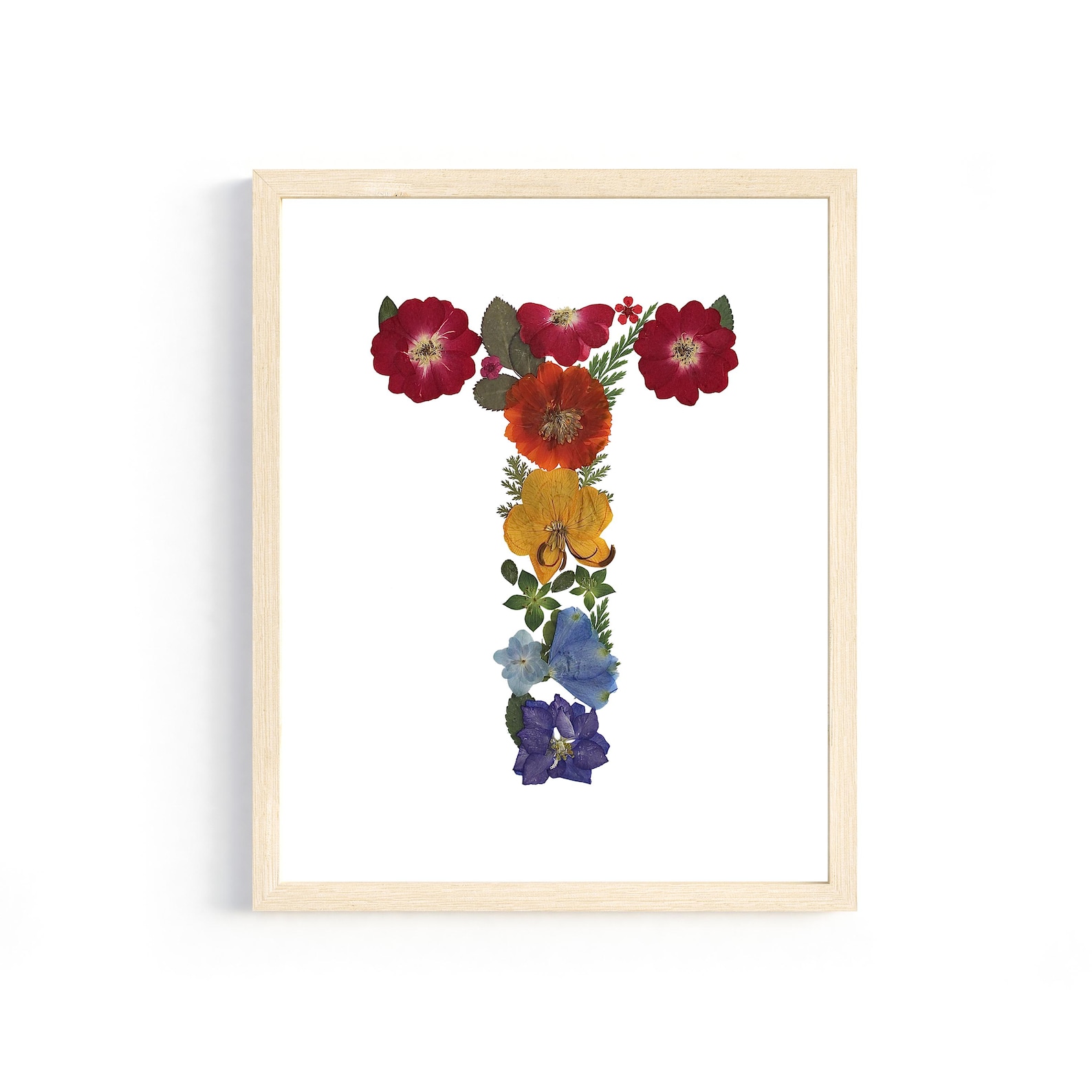 Rainbow Letter T Pressed Flower Art Print - Monogram Botanical Wall ...