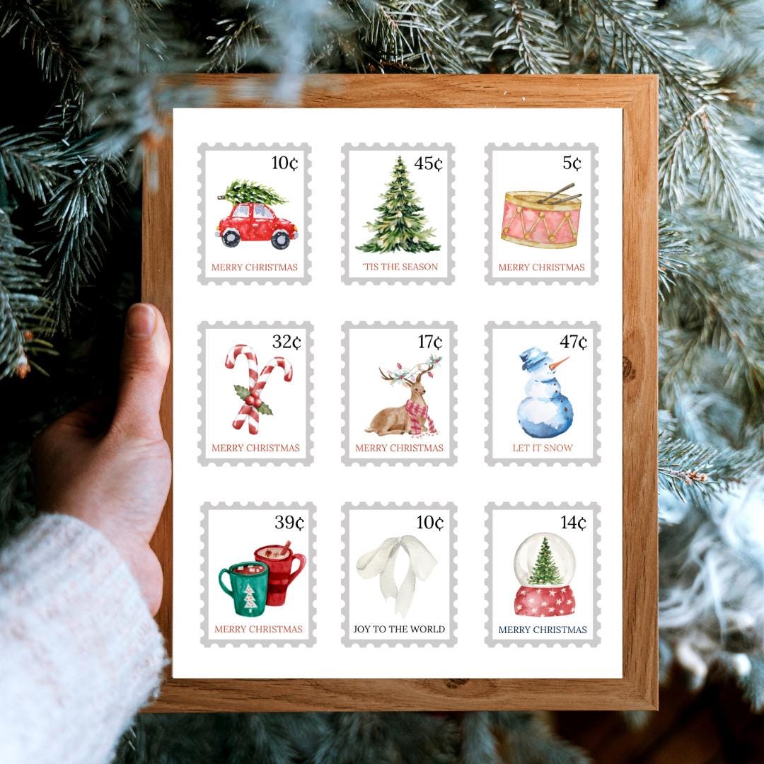 Printable Set of Christmas Stamps Art Watercolor Holiday Digital Decor ...