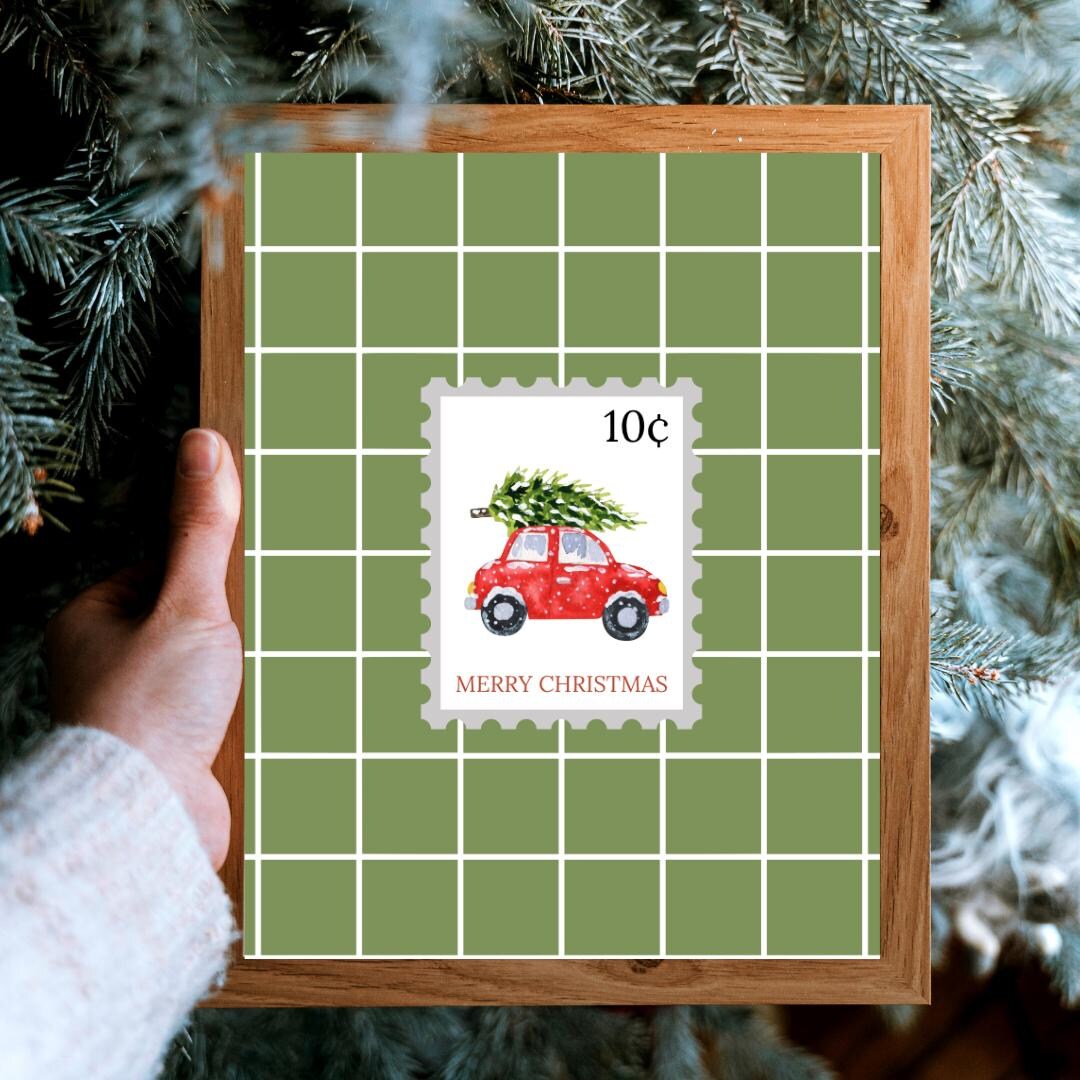 Printable Red Car With Tree Stamp Art Watercolor Holiday Digital Decor ...