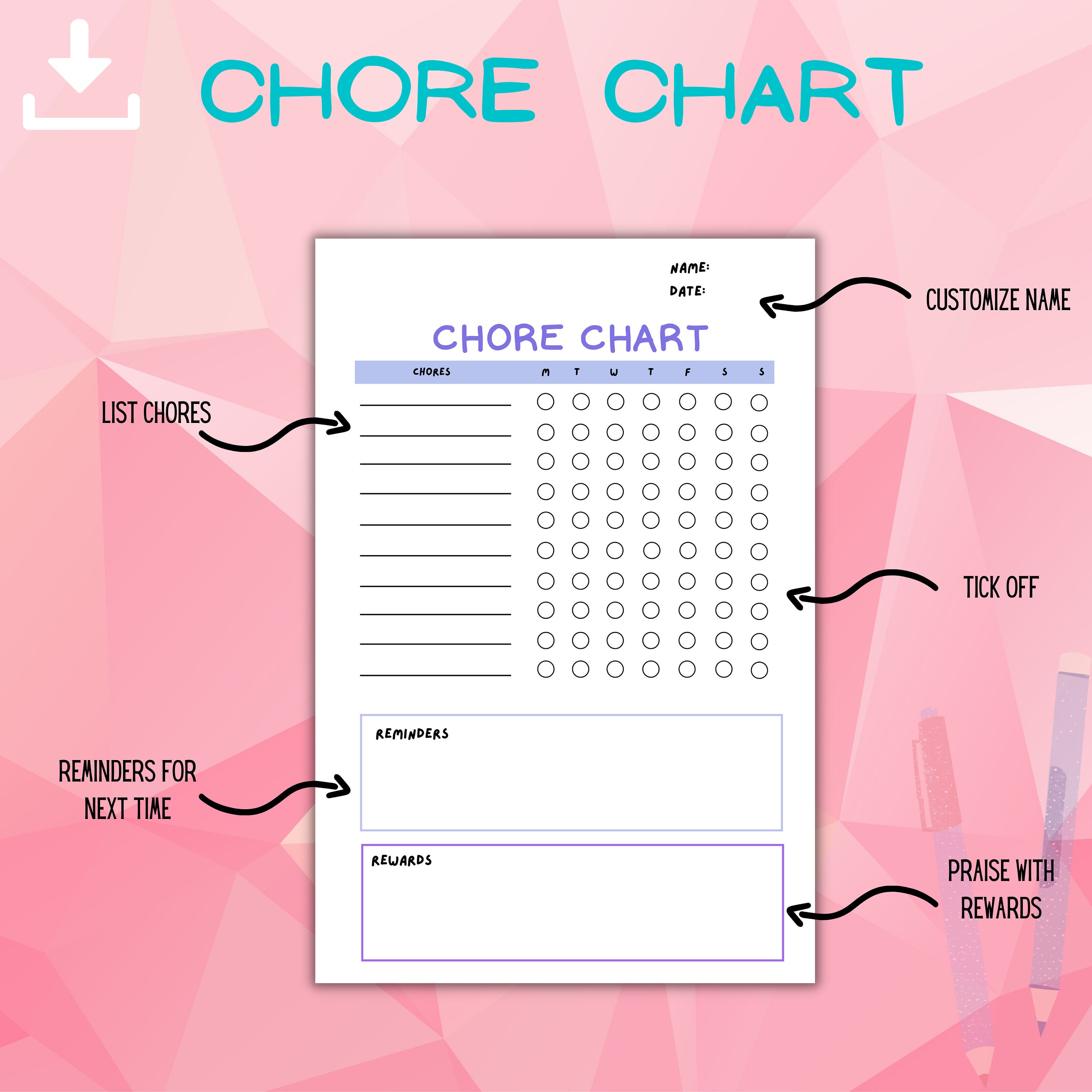 Printable Chore Chart,printable Kids Chore Chart, Chore Chart Daily ...