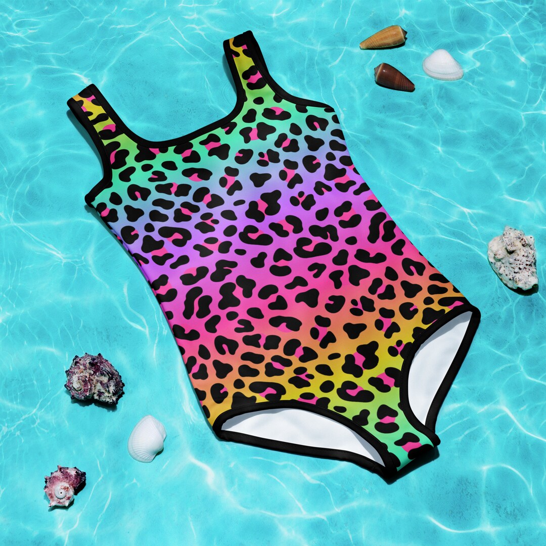 90s Rainbow Cheetah Print Kids Swimsuit | One Piece Leopard Print Child ...