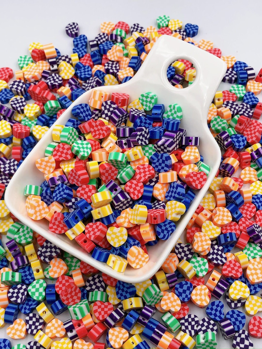Checkers Shaped Heart Polymer Clay Beads Colorful Valentine Clay Beads ...