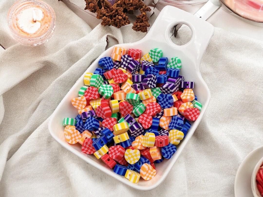 Checkers Shaped Heart Polymer Clay Beads Colorful Valentine Clay Beads ...