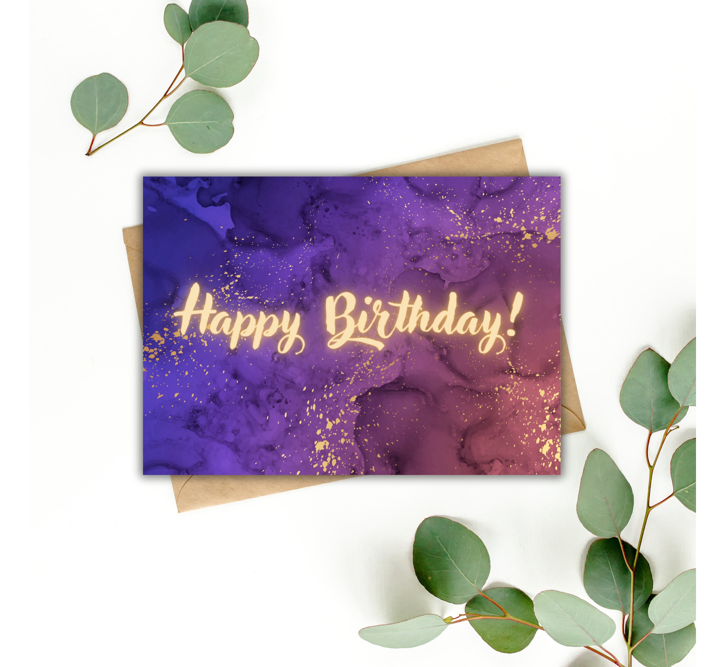Happy Birthday Purple & Gold Paint Card • Printable • Instant Download ...