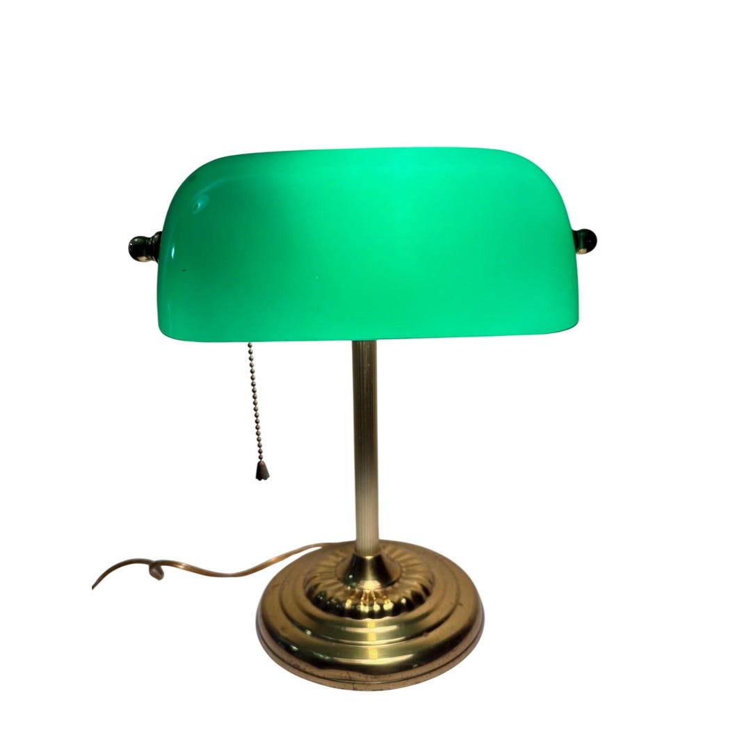Vintage Green Glass Bankers Desk Lamp With Brass Base & Pull Chain - Etsy