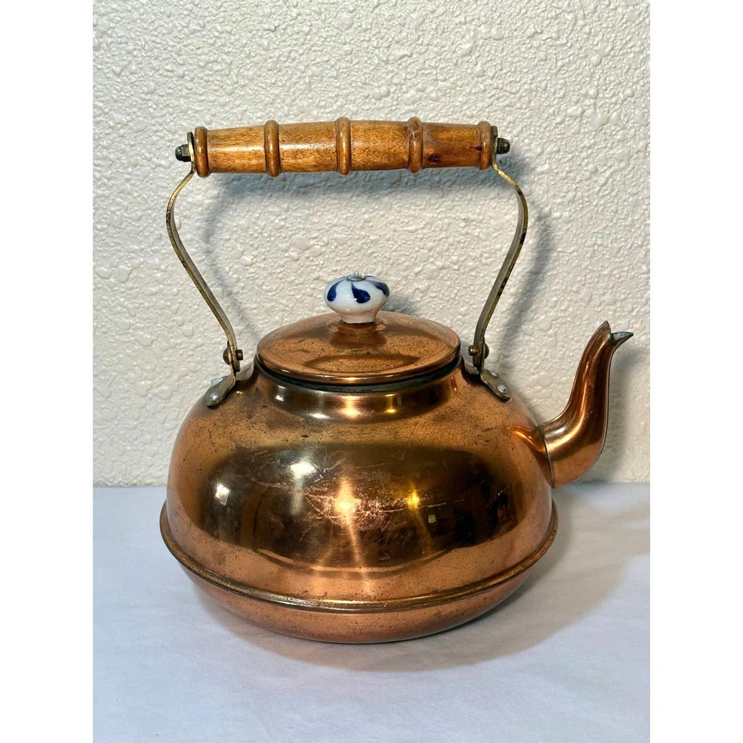 Vintage Copper Tea Kettle With Wooden Handle & Ceramic Knob Teapot - Etsy