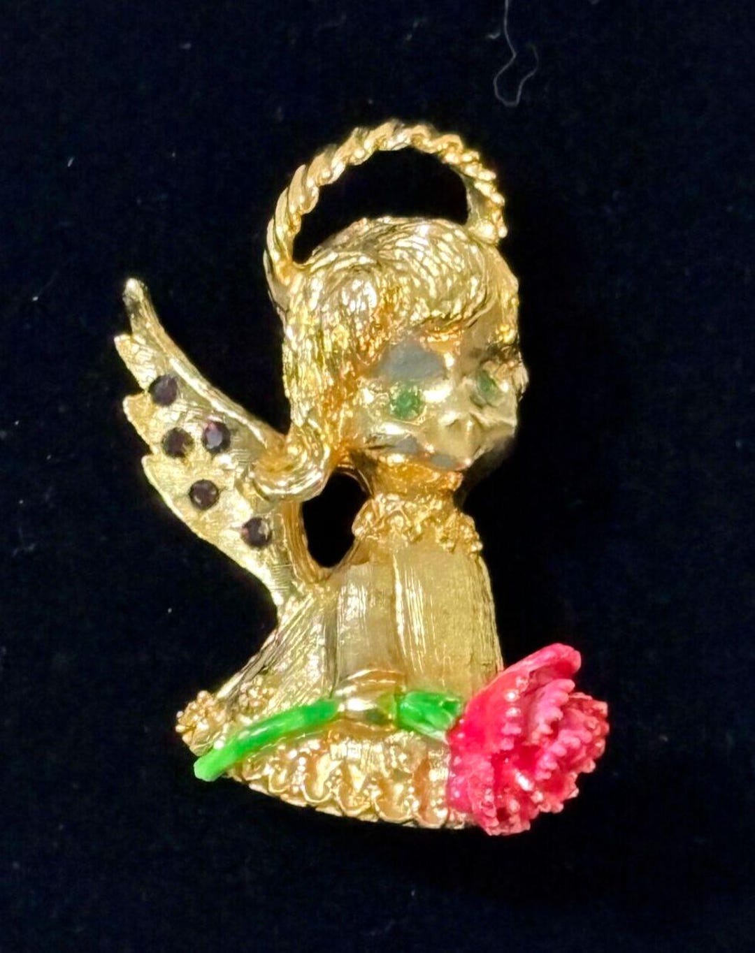 Vintage Mylu Brushed Gold Angel Brooch Pin Ruby & Emerald Rhinestones ...