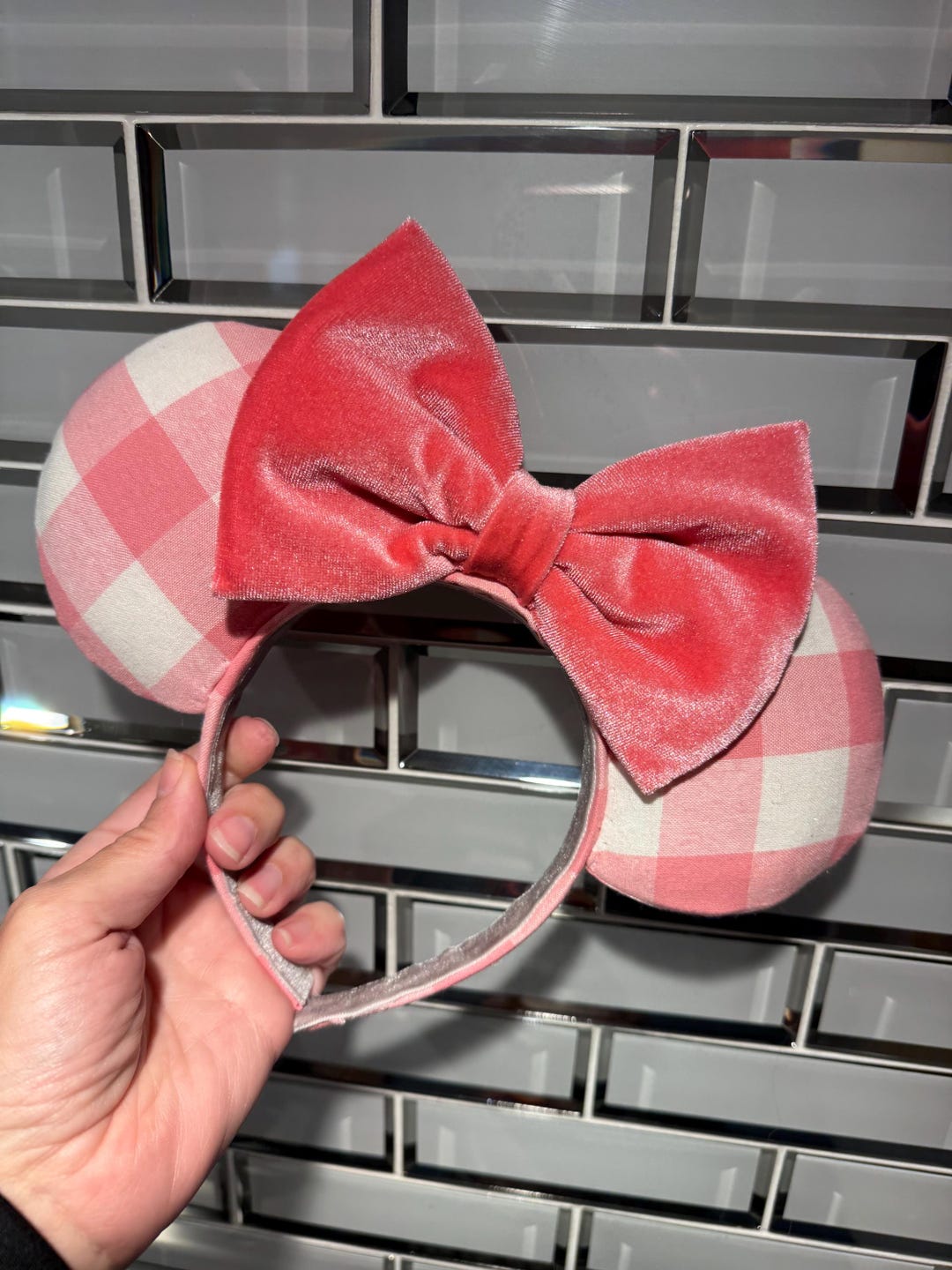 Pink Gingham Plaid Minnie Mickey Mouse Ears W Ivory Satin or Pink ...