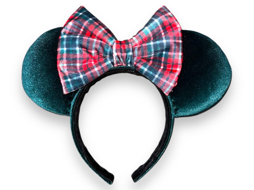 NEW Hunter Green Velvet Minnie Mickey Mouse Ears W Plaid Velvet Bow ...