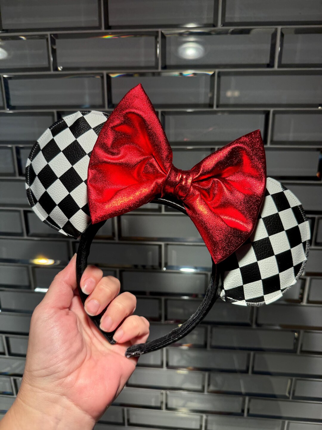 Faux Leather Black White Checkered Minnie Mickey Mouse Ears W Red Bow ...