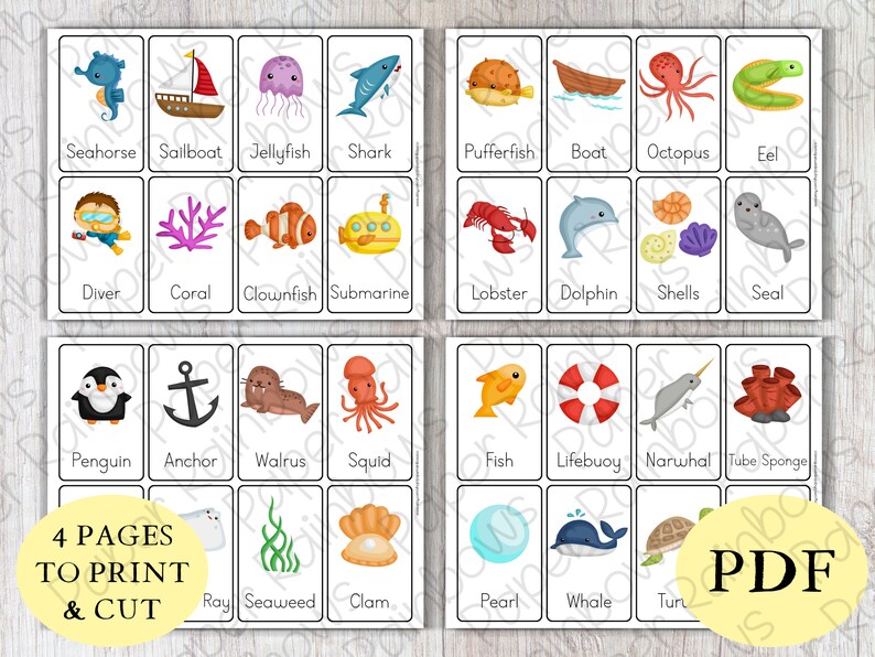 32 Ocean Flashcards for Kids, Ocean Animals, Montessori Materials ...