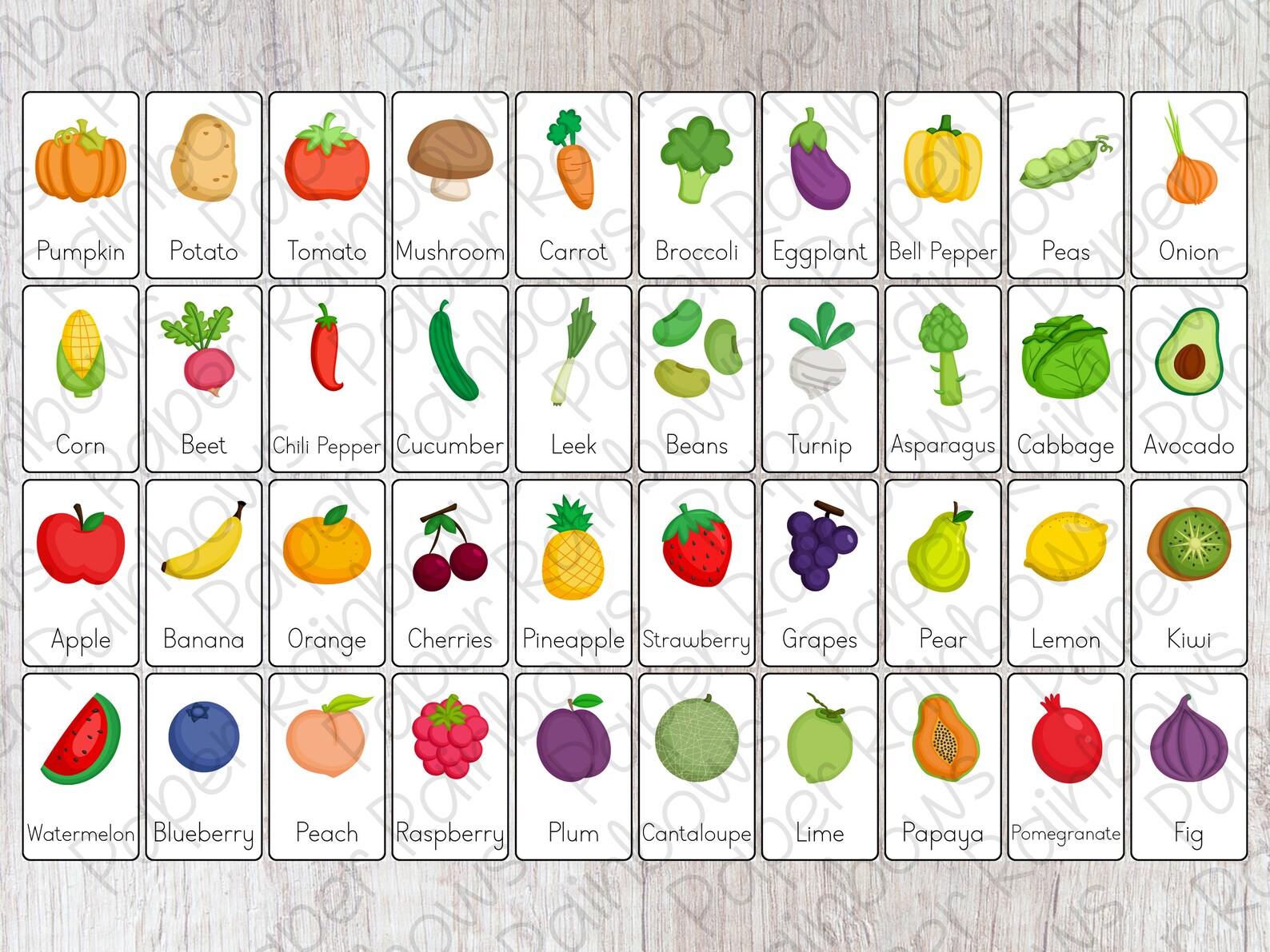 40 Fruits and Vegetables Flashcards for Kids, Montessori Materials ...