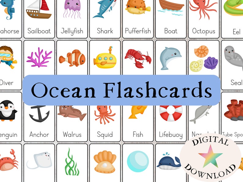 32 Ocean Flashcards for Kids, Ocean Animals, Montessori Materials ...
