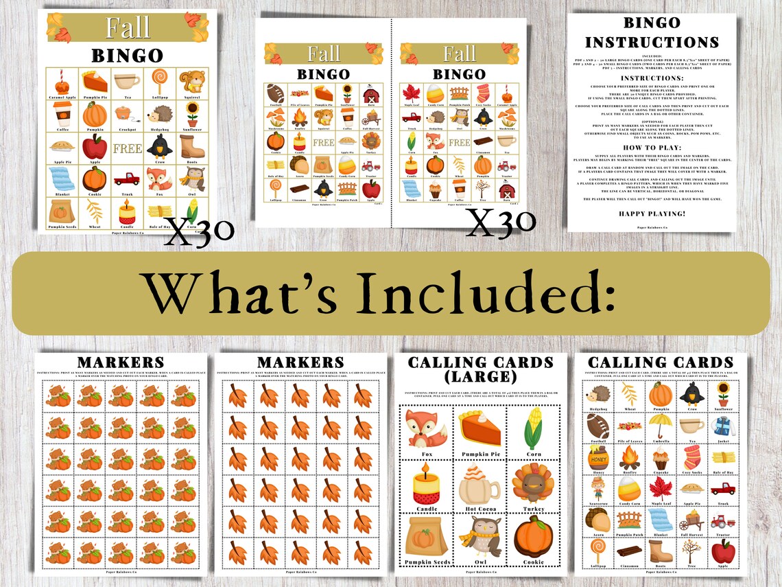 Fall Bingo Printable 30 Bingo Cards & Markers Thanksgiving - Etsy