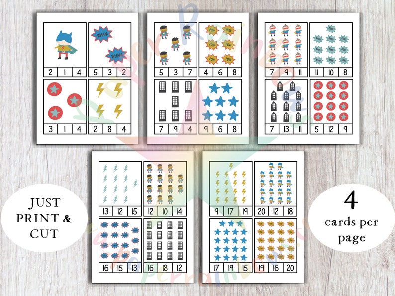 Superhero Count & Clip Cards, Numbers 1-20, Preschool Printables ...