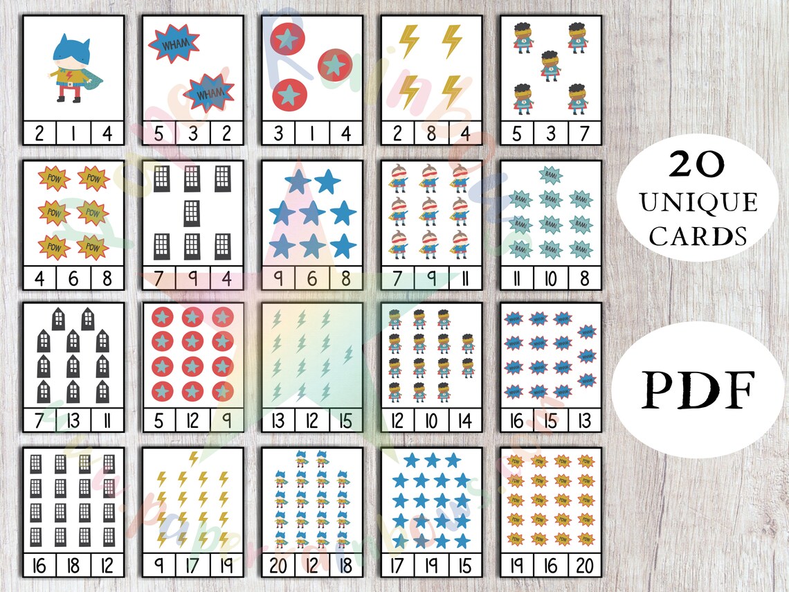 Superhero Count & Clip Cards, Numbers 1-20, Preschool Printables ...
