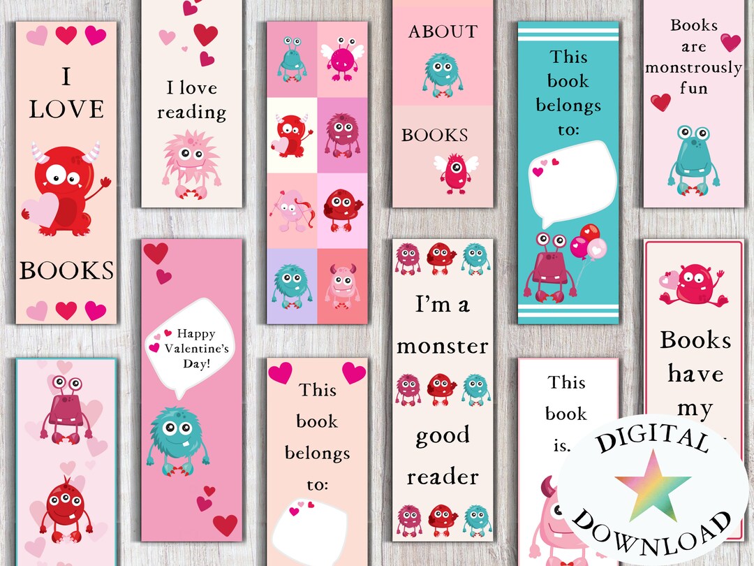 12 Valentine's Day Monster Bookmarks, Printable Bookmarks for Kids ...
