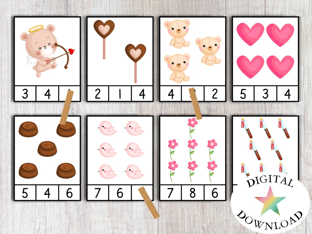 Valentines Day Count and Clip Cards, 1-20, Classroom Valentines ...