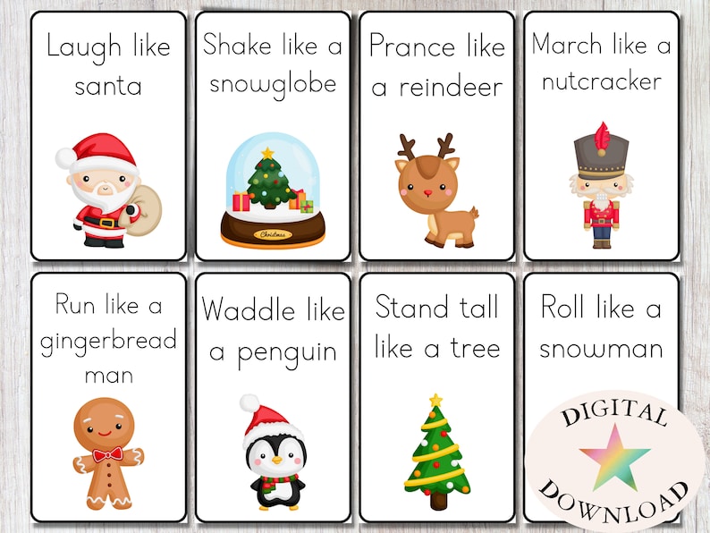 Christmas Movement Cards, Christmas Games Printable, Unique Stocking ...