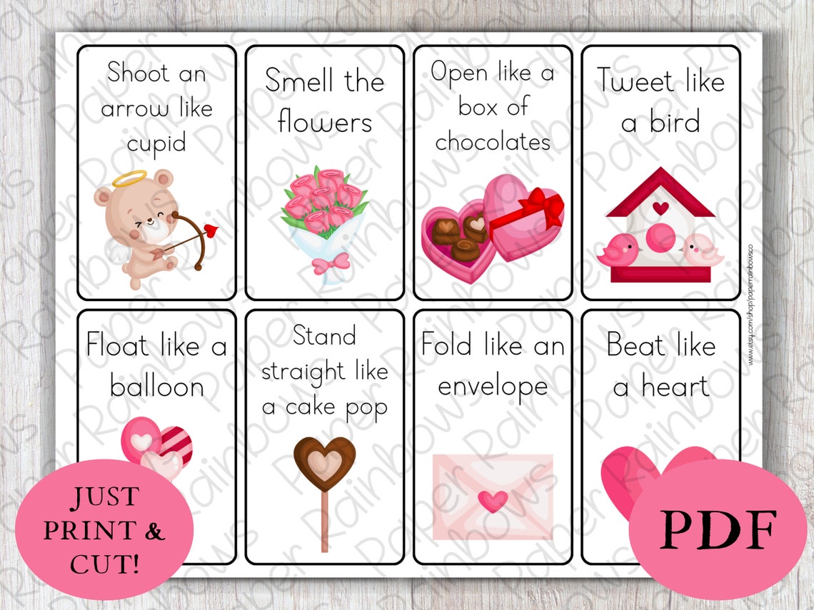 Valentines Day Movement Cards, Classroom Valentines, Valentines Day ...