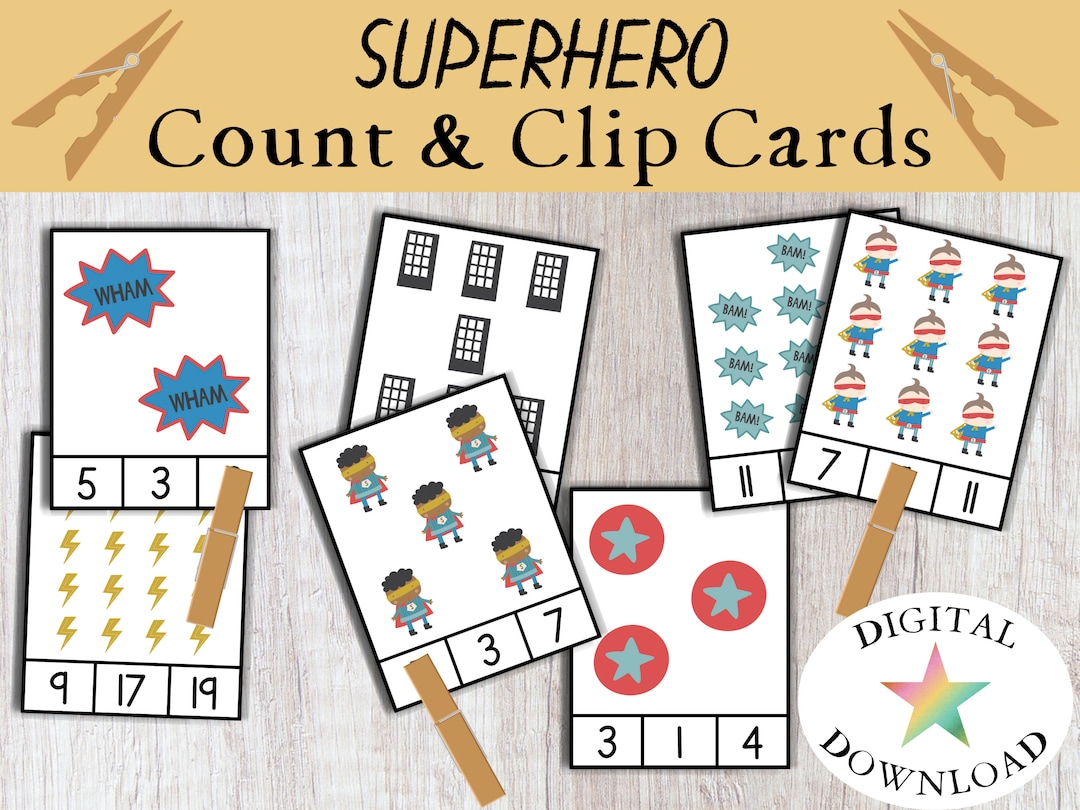 Superhero Count & Clip Cards, Numbers 1-20, Preschool Printables ...