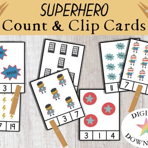 Superhero Count & Clip Cards, Numbers 1-20, Preschool Printables ...